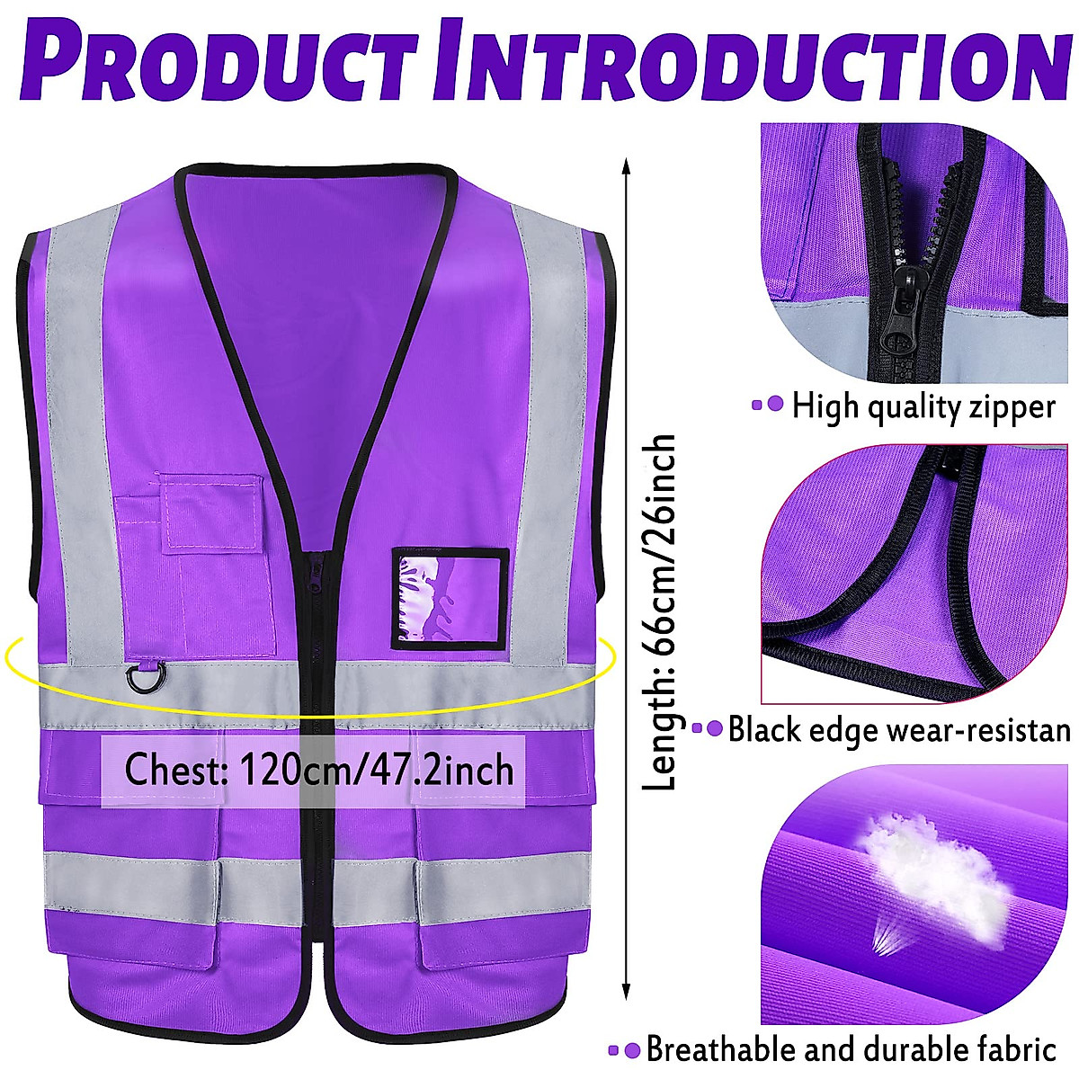 EBOOT 10 Pcs Safety Vests High Visibility Safety Vest with Reflective Strips, Neon Vest Construction Vest with Pockets (Purple)