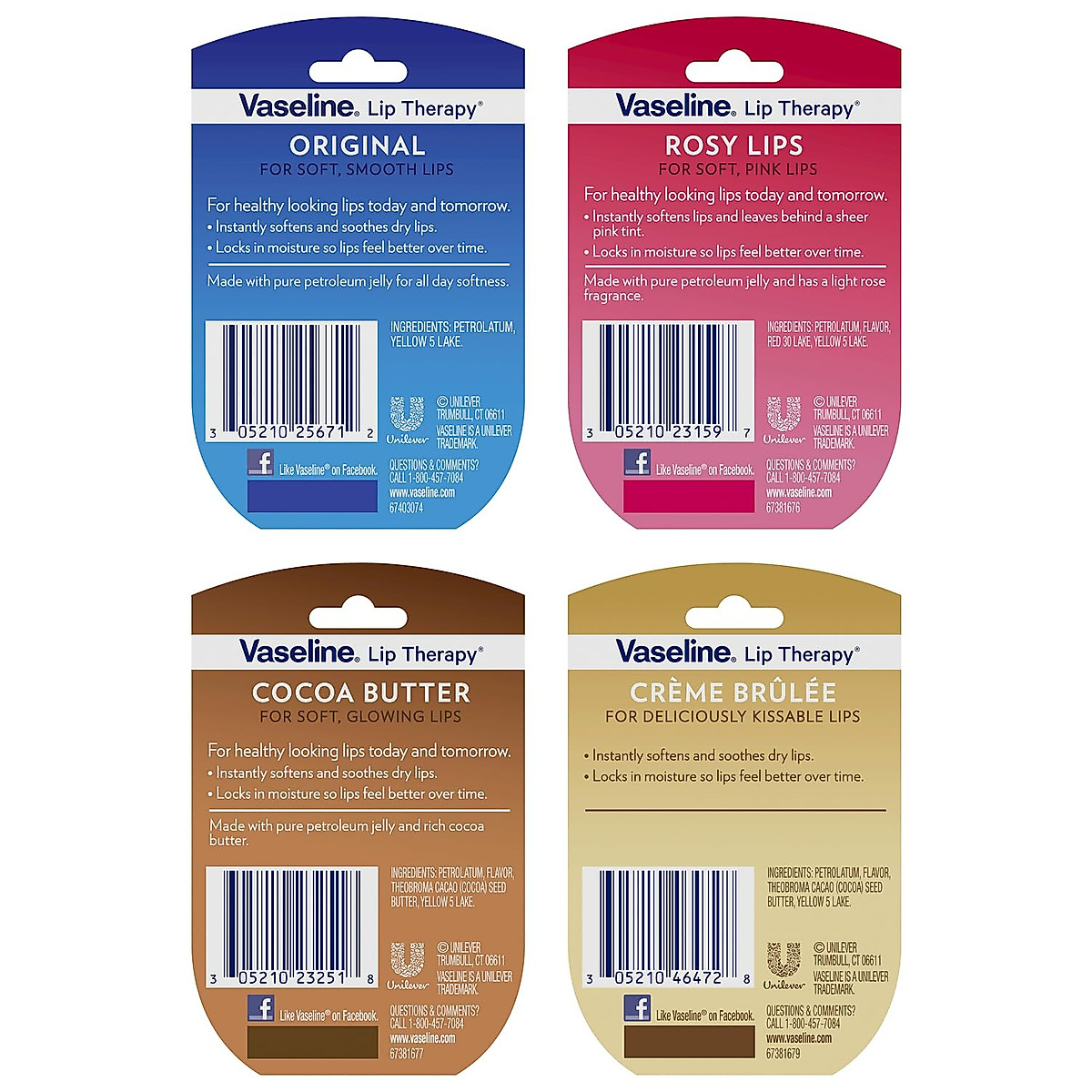 Vaseline Lip Therapy Rosy Lips, Cocoa Butter, Creme Brulee, Original - Vaseline Lip Balm, Tinted and Clear Lip Gloss Set, 2 of Each, 0.25 Oz Ea (8 Piece Set)