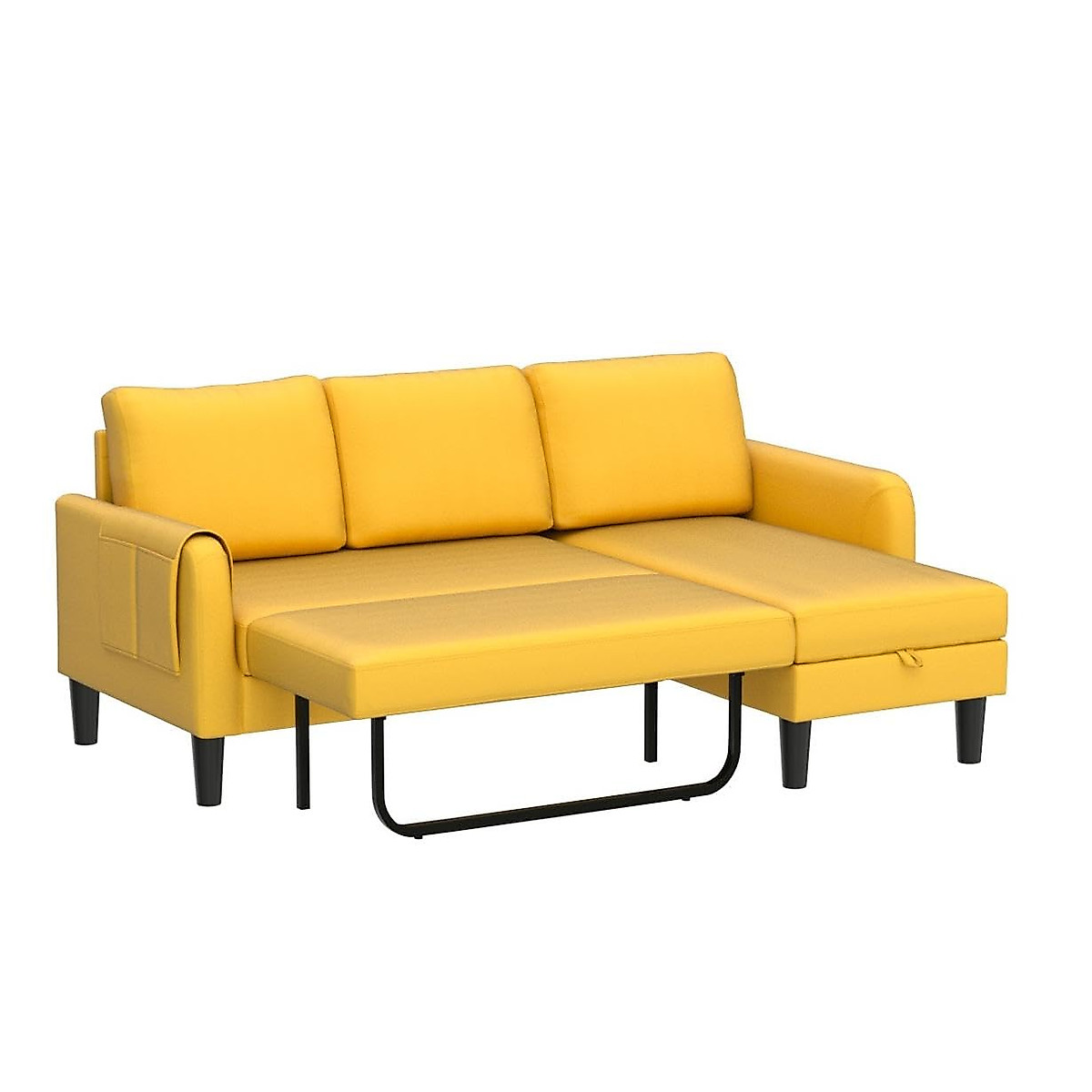 Modern Velvet Pull Out Sleeper Sofa Bed with Chaise, Comfy L Shaped Convertible Sleeper Couch with Storage and Pocket, Sectional 3 Seat Couch for Living Room Furniture or Office, Smooth Back - Yellow