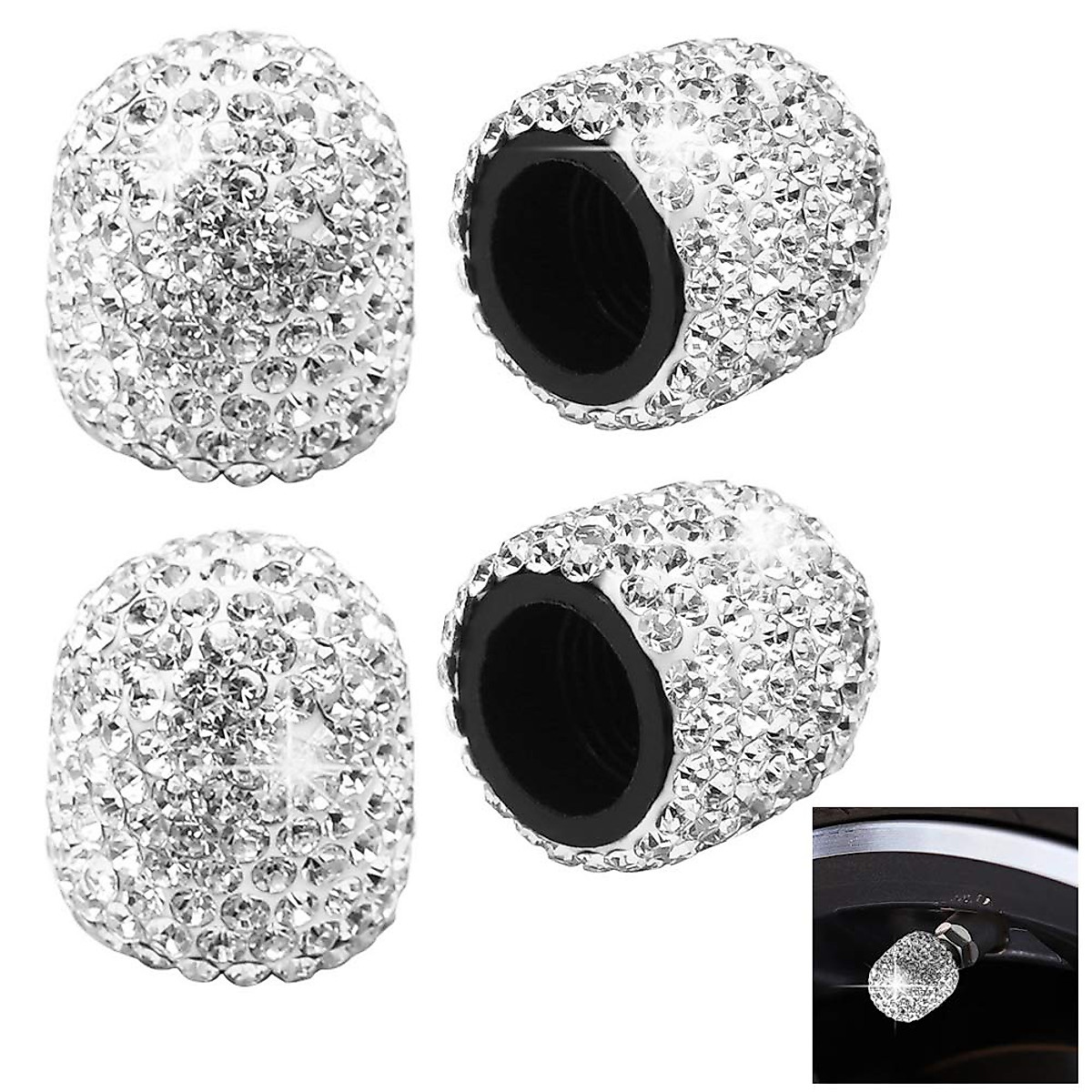 4 Pack Bling Valve Stem Caps, Sparkling White Handmade Crystal Rhinestone Car Tire Valve Caps Bling Car Valve Stem Covers Chrome Attractive Dustproof