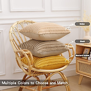 Pallene Faux Fur Plush Throw Pillow Covers 18x18 Set of 2, Luxury Soft Fluffy Striped Decorative Pillow Covers for Sofa, Couch, Living Room, Mustard Yellow