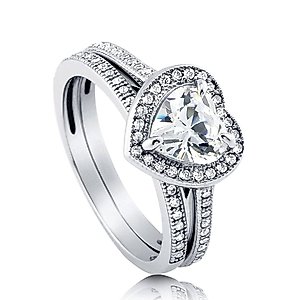 BERRICLE Sterling Silver Halo Wedding Engagement Rings Cubic Zirconia CZ Heart Ring Set for Women, Rhodium Plated Size 6.5