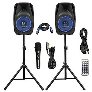 Pair Alphasonik All-in-one 8" Powered 800W PRO DJ Amplified Loud Speakers with Bluetooth USB SD Card AUX MP3 FM Radio PA System LED Lights Karaoke Mic Guitar Amp 2 Tripod Stands Cable and Microphone