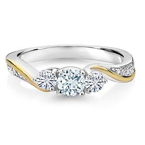 925 Silver and 10K Yellow Gold Sky Blue Aquamarine White Moissanite and White Lab Grown Diamond 3 Stone Engagement Ring For Women (0.48 Cttw, March Birthstone, Available In Size 5, 6, 7, 8, 9)