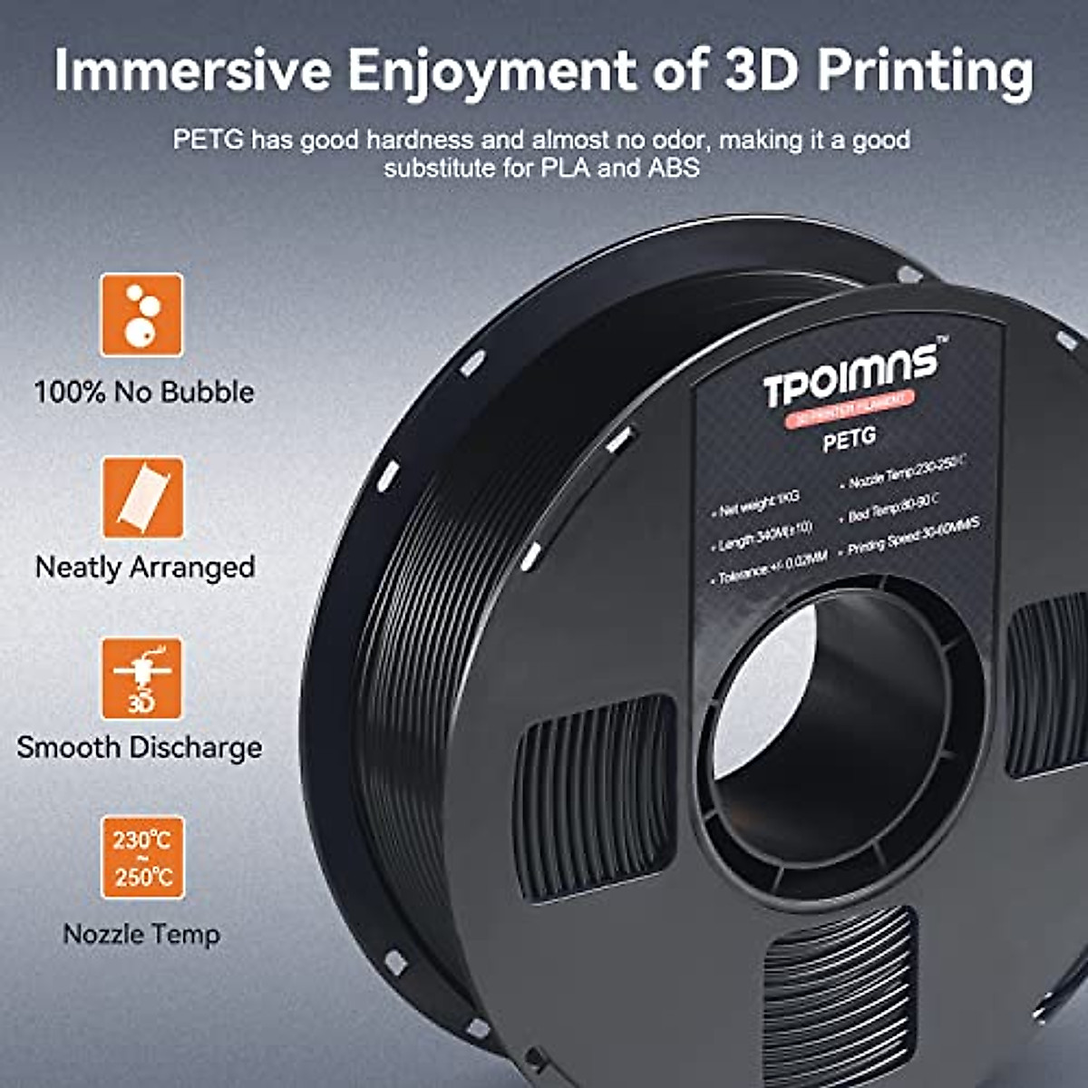 TPOIMNS PETG Filament 1.75mm, 3D Printer Filament, 1kg Roll Spool(2.2lbs), Dimensional Accuracy +/- 0.02 mm, Compatible with Most FDM 3D Printers, Black