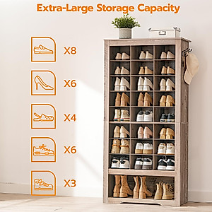 HOOBRO Tall Shoe Cabinet, 9 Tier Shoe Storage Cabinet, Freestanding Wooden Shoe Cabinet Organizer with 24 Cubbies and 3 Hooks, for Entryway, Closet, Living Room, Greige BG24SC01