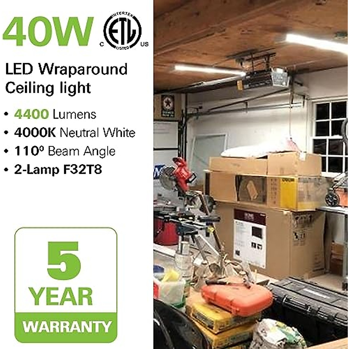 hykolity 4 Pack 4FT LED Wraparound Light 40W 4 Foot LED Shop Lights for Garage, [2-lamp 32W Fluorescent Equiv.] 4400lm 4000K LED Wrap Light, Flushmount Office Ceiling Light Fixture ETL Listed
