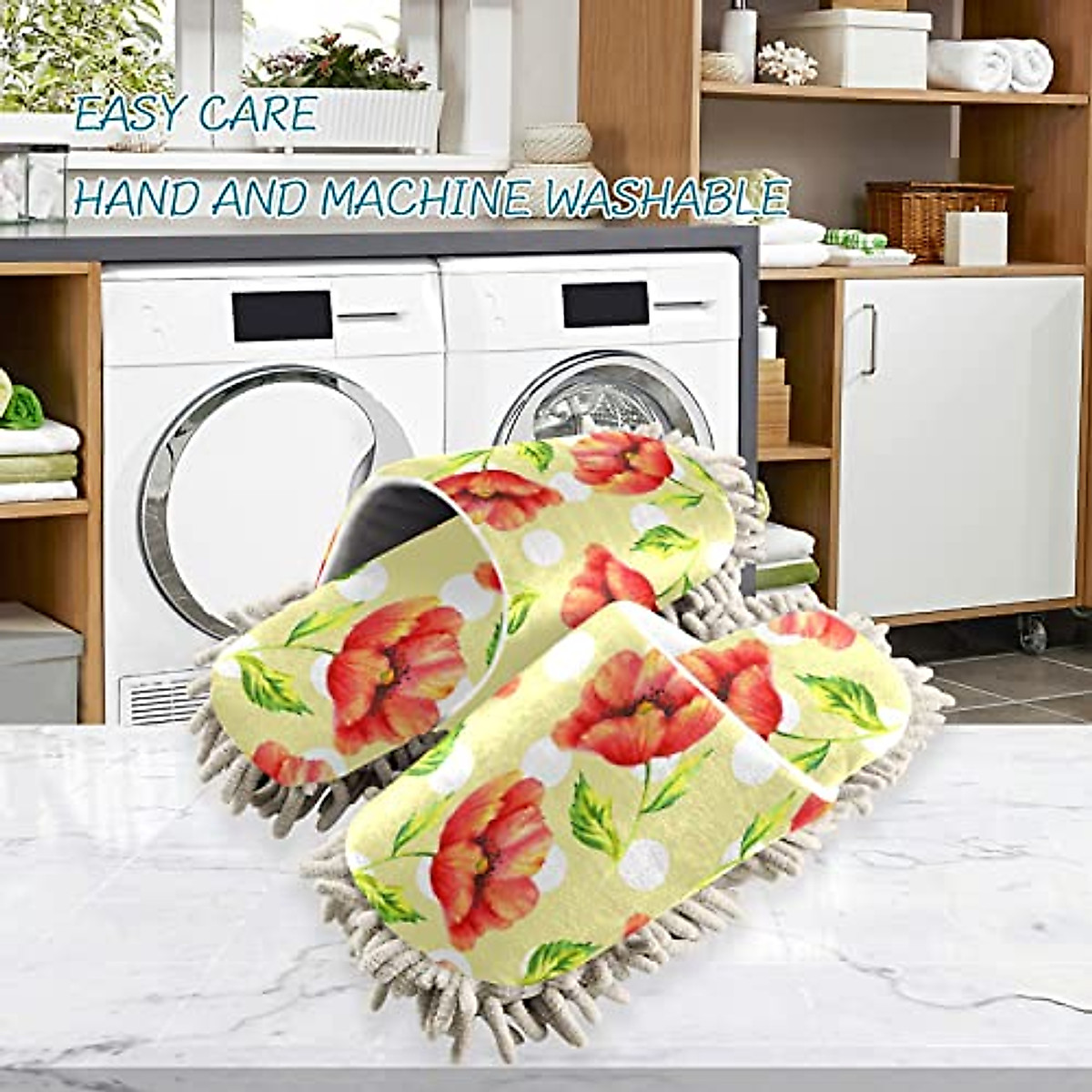 Watercolor Poppy Flower Mop Slippers Shoes Cover for Floor Cleaning Washable Dust Hair Dirty Cleaners Microfiber Mop Socks for Kitchen Office House