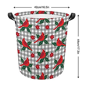 Cardinal Bird Holly Leaves and Poinsettia Flowers Foldable Laundry Basket Waterproof Hamper Storage Bin Bag with Handle 16.5"x 16.5"x 17"