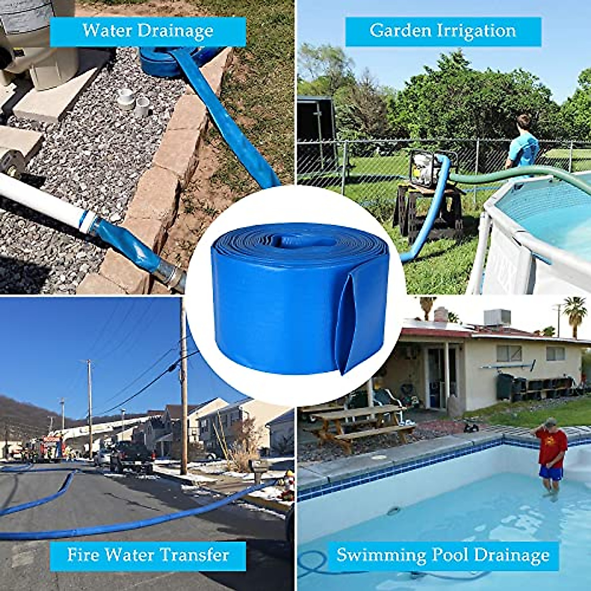 3.0" ID x 32.8' L Swimming Pool Backwash Hose, Weather Resistant Heavy Duty PVC Lay-Flat Water Discharge Hose, General Purpose Reinforced Pool Drain Hose, Great for Pool, Garden, etc