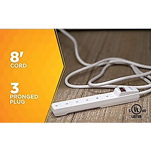 Woods 41436 Power Strip with 6 Outlets and Overload Safety Switch, 8 Foot Cord, White