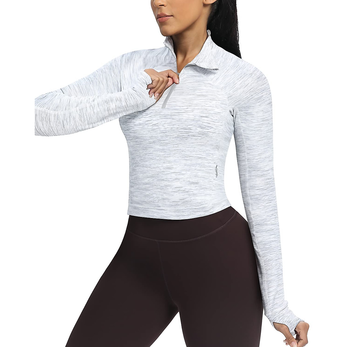 GYM RAINBOW Womens Cropped Workout Jakcets Half Zip Pullover Sweatshirt Long Sleeve Workout Shirts Athletic Tops(#3 White Space Dye,Large)