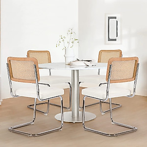 COLAMY Mid Century Modern Dining Chairs Set of 2, Velvet Rattan Dining Room Kitchen Side Chairs with Metal Chrome Legs and Upholstered Seat for Home, Living Room, Bedroom - Beige