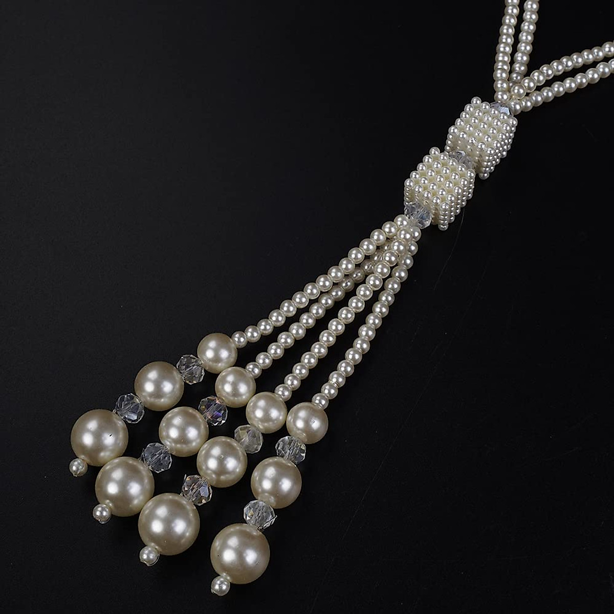 Aimimier Bohemian 2-Strand Faux Pearl Knot Beaded Necklace Long Pearl Crystal Pendant 1920s Flapper Costume Accessories for Women