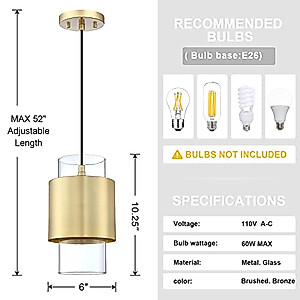 1 Light Hanging Indoor Kitchen Island Pendant Light 6" Drum Glass Shade Pendant Ceiling Light Fixtures Modern Farmhouse Dinning Over Sink (Gold Finish, 2 Pack)