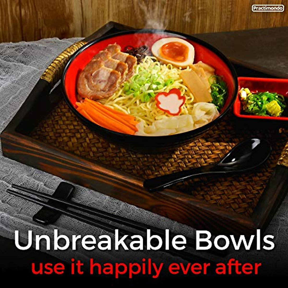Unbreakable Ramen Bowl Set with Chopsticks and Spoon: 2 large Japanese Style Melamine Ramen Bowls, Dipping Bowls and Chopstick Stands for Asian Pho Soup Thai Miso Udon Wonton (2 Bowl Set, Red-Black)