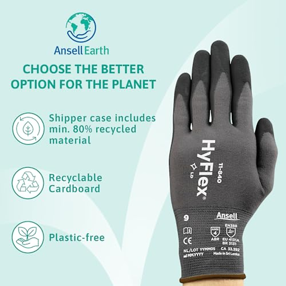 HyFlex 11-840 Ergonomic Abrasion-Resistant Nitrile Foam Industrial Gloves for Automotive, Fabrication, EMS, Utilities - Size 9, Black (12 Pairs)