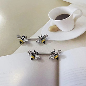 14G Cute Bee Stainless Steel Nipple Tongue Rings for Women Girls Crystal Cubic Zirconia Honeybee Barbells Nipplering Piercing Bar Nipple Studs Straight Shield Ring Sexy Body Jewelry