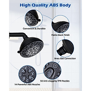 High Pressure Shower Head VMASSTONE 4.7" Rain Fixed Showerhead 7-Spray Setting with Adjustable Brass Swivel Ball Joint - Excellent Replacement for Your Bath Shower Head (FM-001 Matte Black)