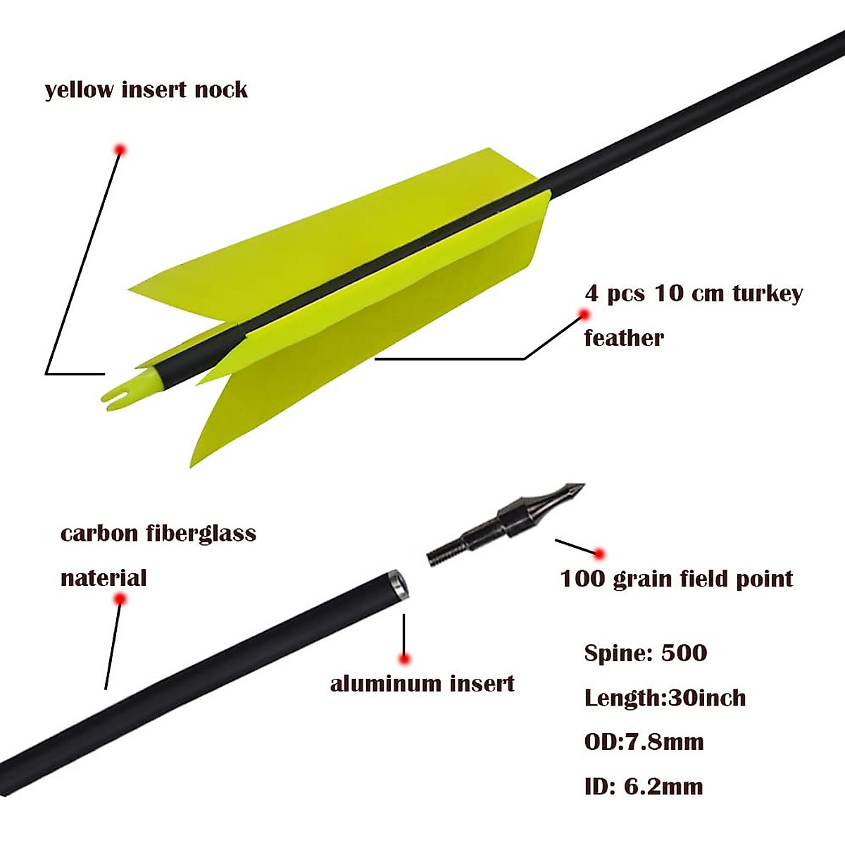 6/12 Pcs 30 Inch Archery Carbon Arrows Target Practice Spine 500 Flu Flu Arrows Small Game Arrows 4 Feathers Fletching with 100 Grain Judo Arrowheads for Practice Targeting (Yellow set, 12 pcs)