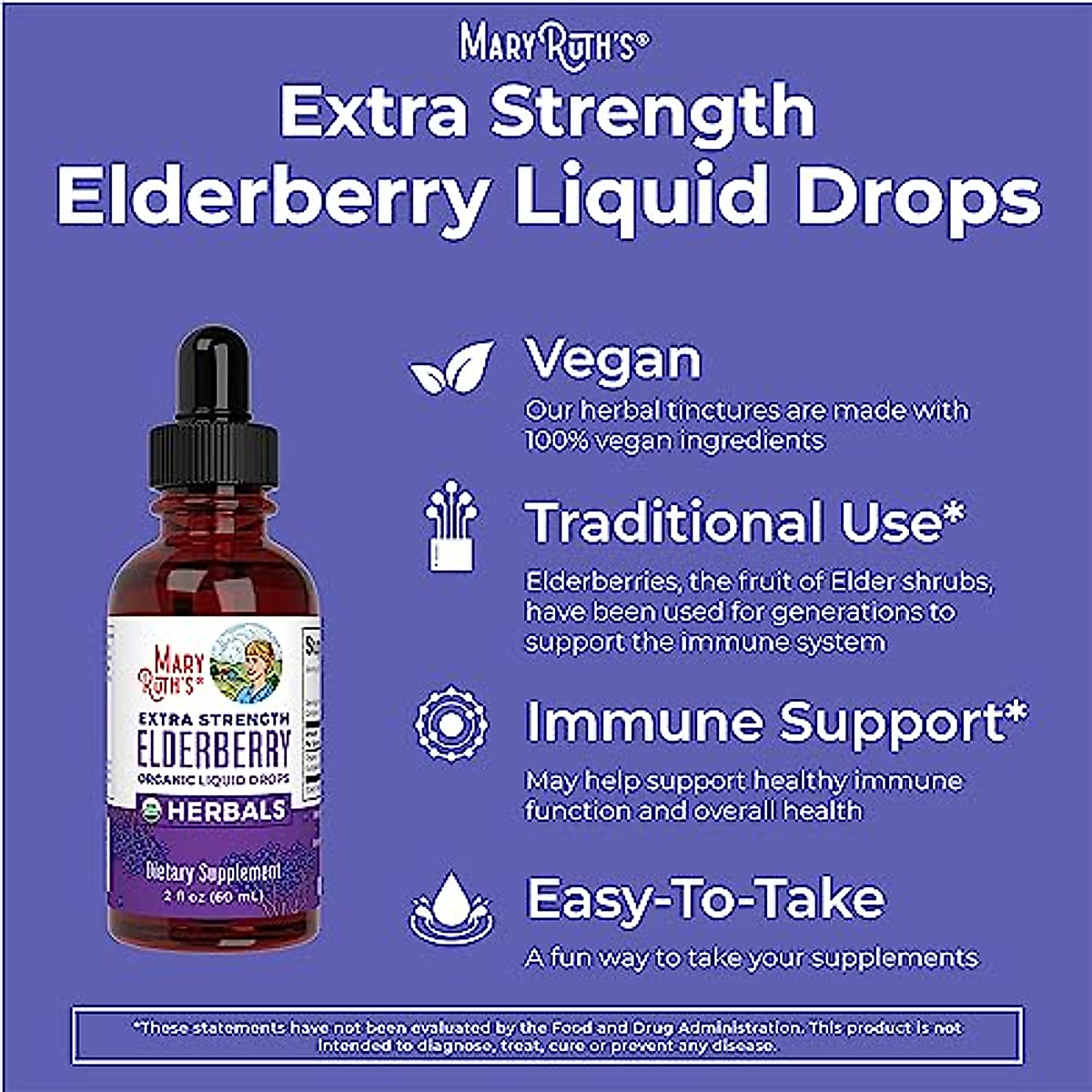 MaryRuth Organics Elderberry Syrup Extra Strength, USDA Organic Elderberry, Sugar Free Adults & Kids Immune Support Supplement for Ages 1+, Clean Label Project Verified®, Vegan, Gluten Free, 2 Fl Oz