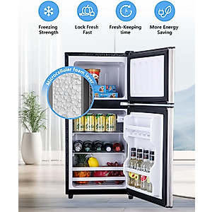 Geekman 3.5 Cu.Ft Mini Fridge with Freezer, Double Door Mini Fridger with 7 Level Adjustable Thermostat, Mini Refrigerator with interior LED light, Perfect for Dorm, Office, Bedroom＆RV, Silver