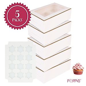Gold-Trimmed Cupcake Boxes - 12 Count Cupcake Containers with Removable Inserts, Transparent Window Cupcake Holder (5 Pack)