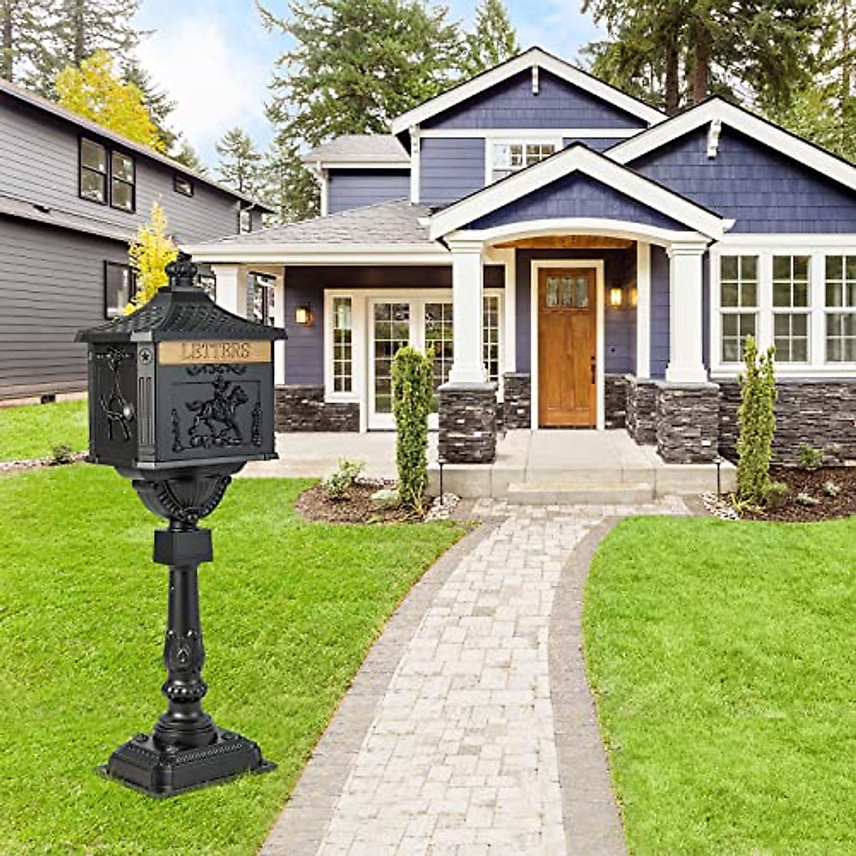 Giantex Cast Aluminum Mailbox with Post - Locking Residential Mailboxes for Outside with Keys, Baffle Door, Expansion Bolts, Address Panel, In-Ground Rust-Proof Large Security Postal Mailbox (Black)