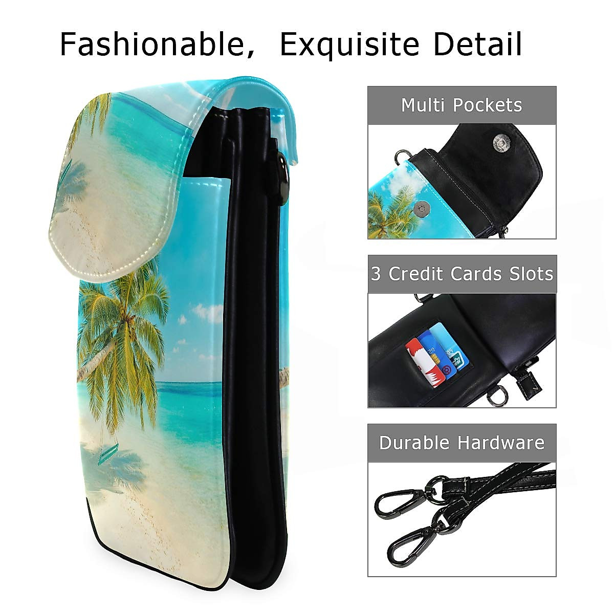 ZZKKO Tropical Palm Tree Beach Theme Mini Crossbody Shoulder Bags Cellphone Purse Wallet Pouch Handbag Leather for Women Casual Daily Traveling Hiking Camping Use