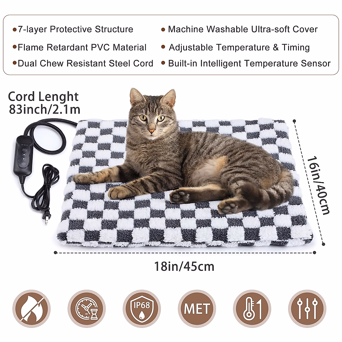 MIXJOY Heated Cat Bed, 11 Adjustable Temperature Cat Heating Pad Indoor with Timer, Pet Heating Pad for Cats Dogs, Electric Dog Heating Pad with Washable Cover, Heated Pet bed-18''x16'', Small