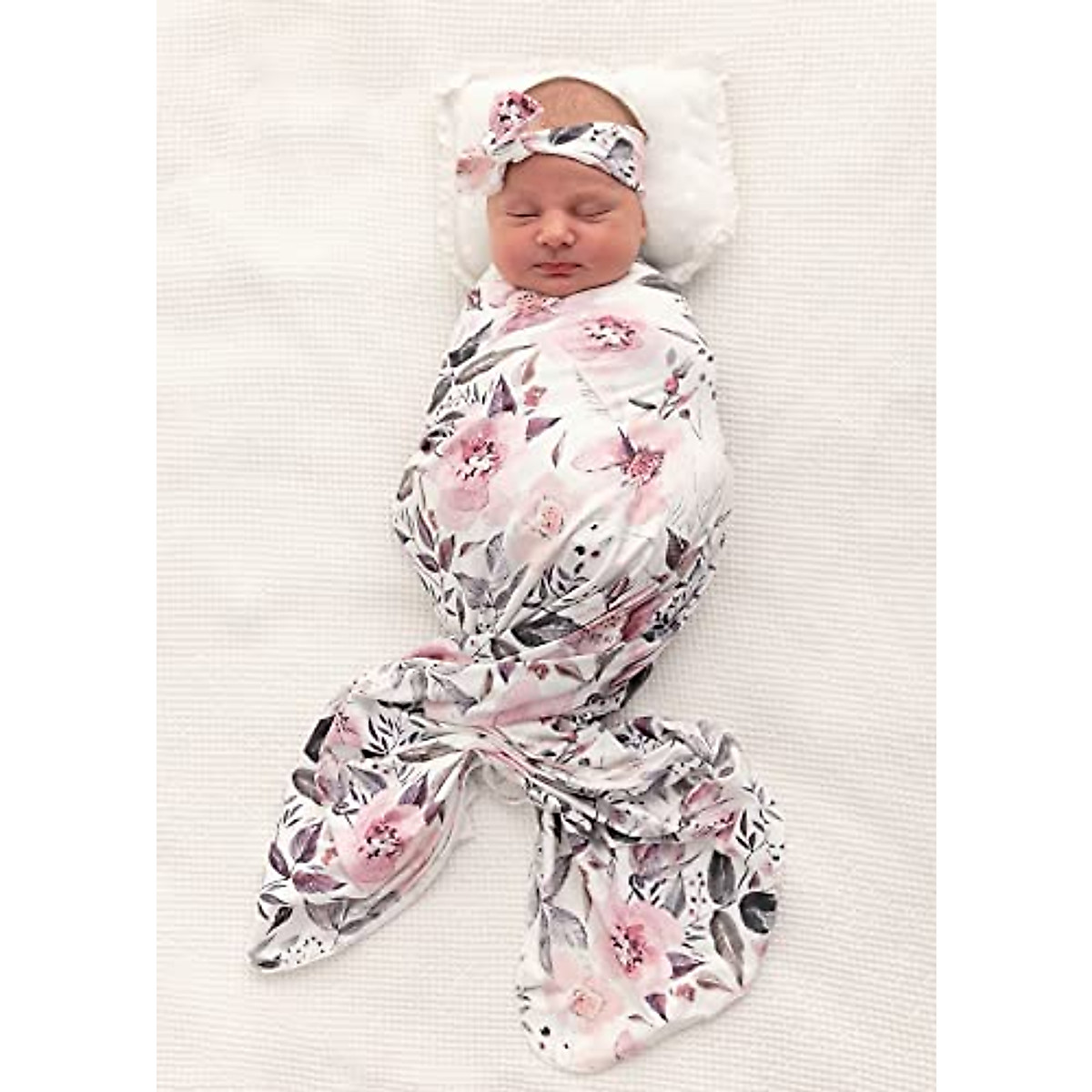 Terriboo Newborn Baby Girl Swaddle and Headband Set Floral Receiving Blanket (Pink)