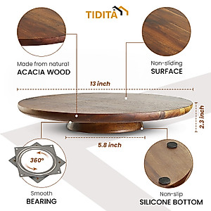 13" Acacia Cake Stand Rotating – Rustic Wood Pedestal Stands Turntable with 2 Icing Spatulas, 3 Smoothers – Wooden Spinning Cake Decorating Serving for Cupcake Dessert Display in Party, Wedding