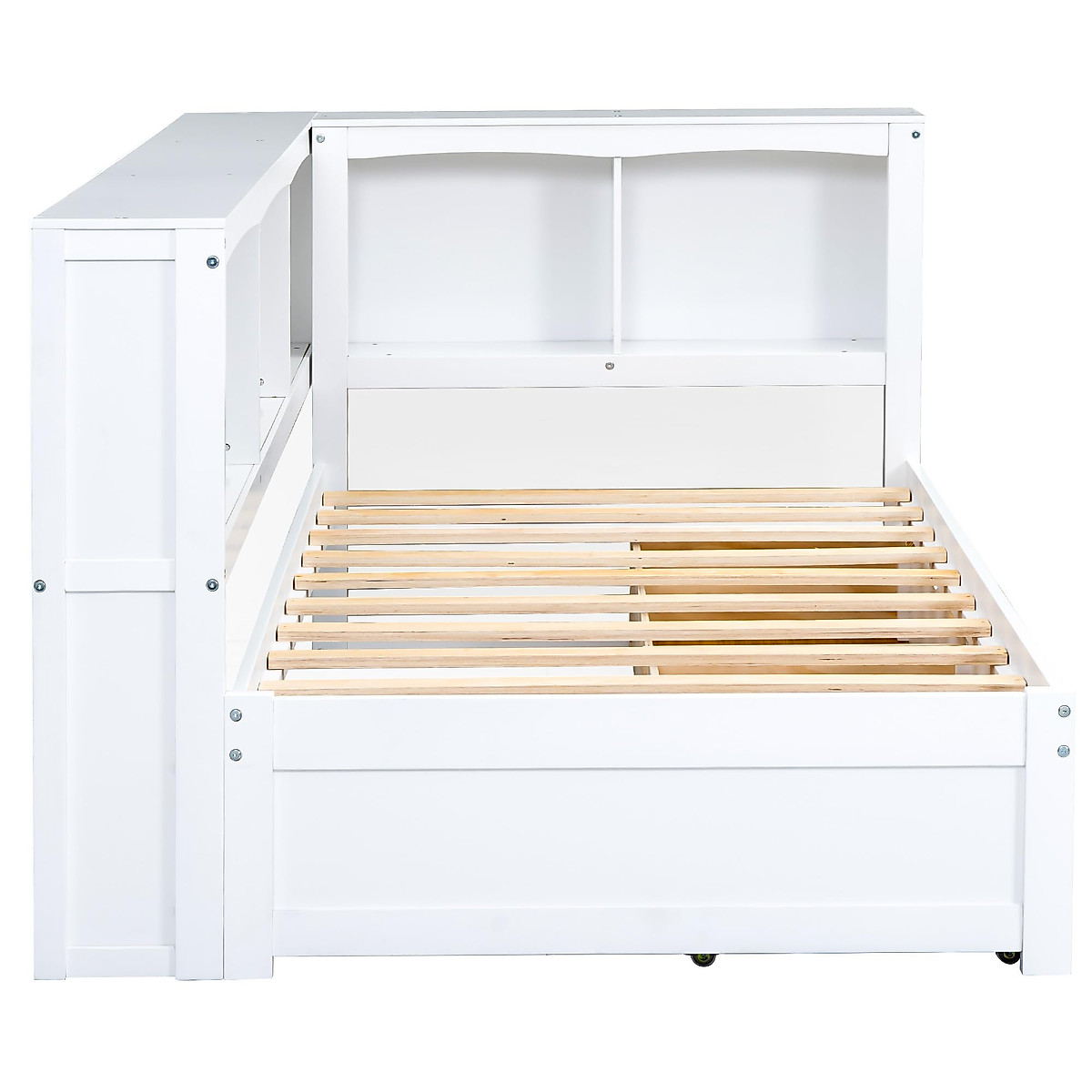 Quarte Twin Size Daybed with Two Storage Drawers, L-Shaped Storage Cabinets and USB Ports, Wooden Platform Bed for Kids Boys Girls Teens Adults (White-U)