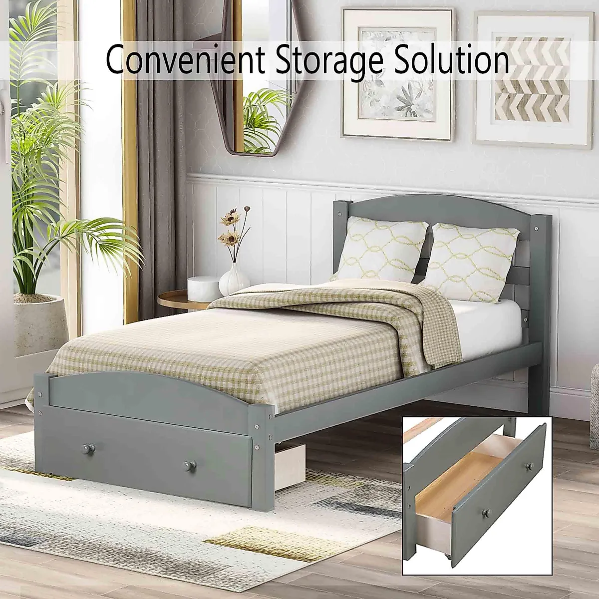 Platform Twin Bed Frame with Storage Drawers, Wood Platform Bed Frame with Headboard for Kids/Teens/Adults, Camas Mattress Foundation/Wood Slats Support/No Box Spring Needed/Easy Assemble (Gray)