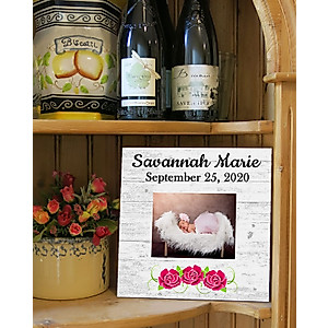 New Baby Frame Alternative - Personalized Baby Girl Birth Gift - Upload Picture or Photo - with Customized Name and Birthday Flowers