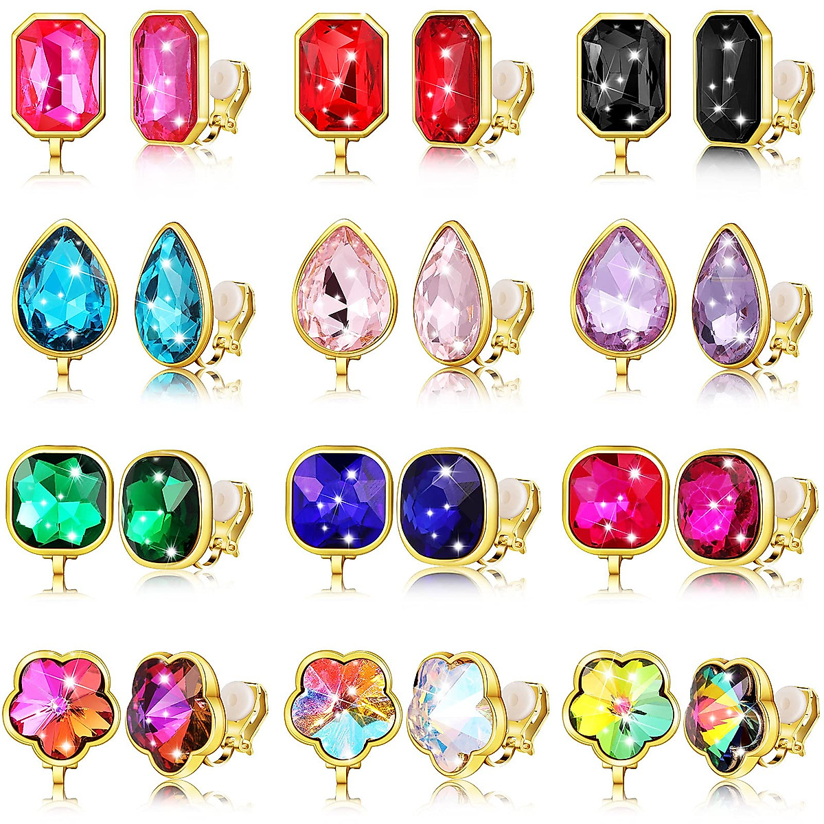 12 Pairs Clip on Earrings for Women Vibrant Color Birthstone Fake Earrings Glittering Clip-on Earrings Set for Women