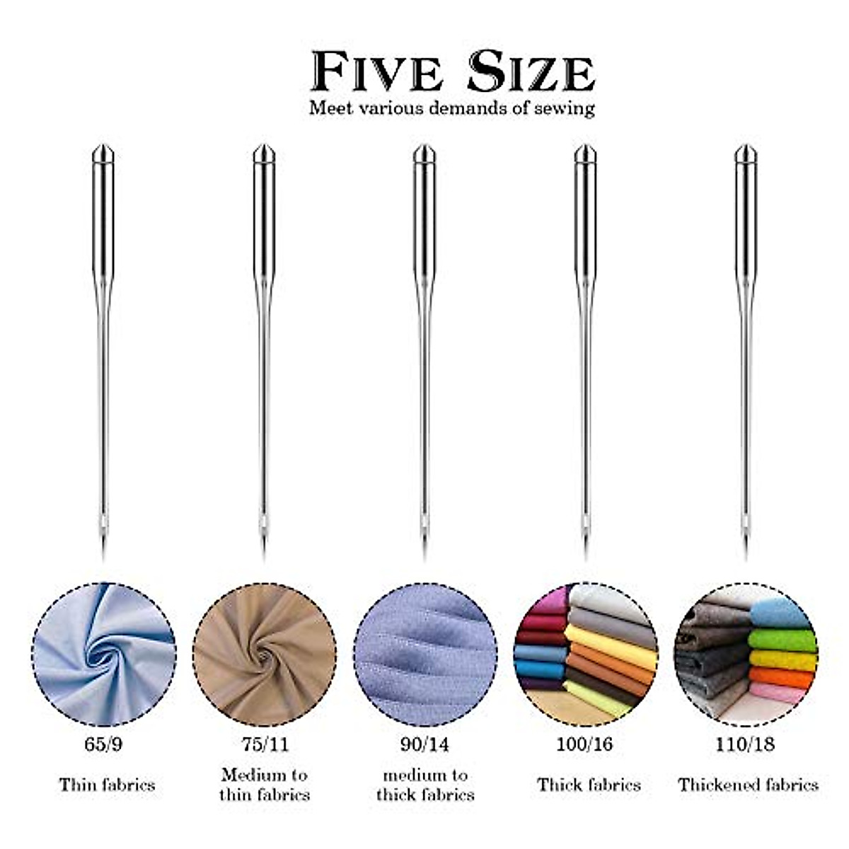 100 PCS Sewing Machine Needles Universal Regular Point Needles for Singer Brother, Assorted Sizes HAX1 65/9, 75/11, 90/14, 100/16, 110/18