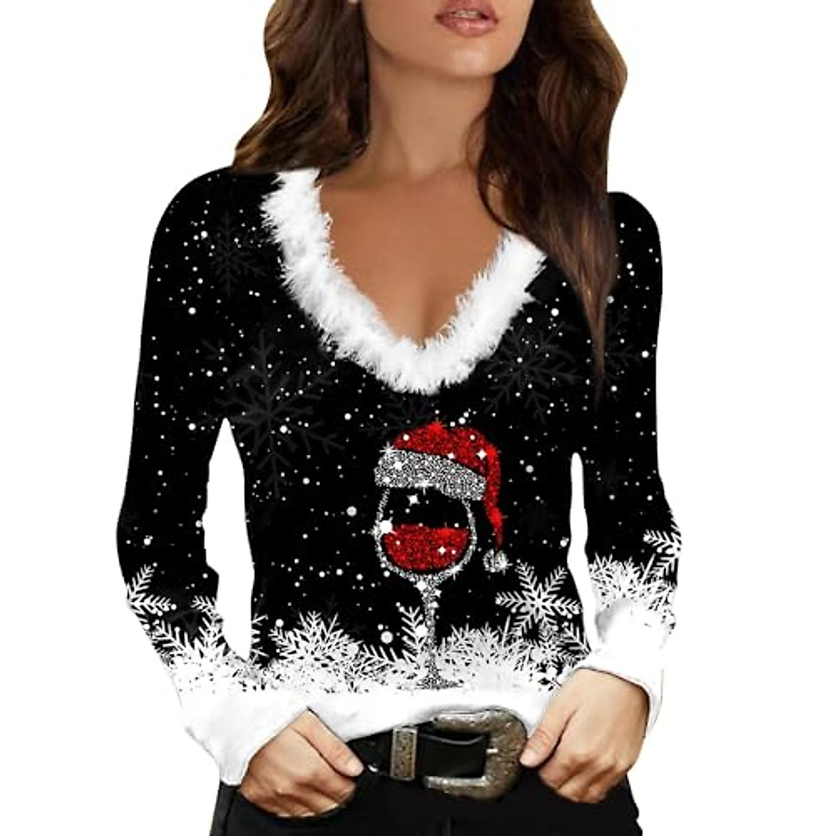 womens halloween costumes Womens V Neck Long Sleeve Tshirt Fashion Christmas Printed Slimming Fit Casual Blouse 2023 Autumn Lightweight Cozy Tunic Tops Cute Snowflake Graphic Tee(2-Black,Large)