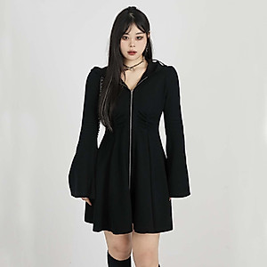MLAFE Gothic Hooded Little Black Dress Autumn and Winter Waist Hooded Sweater Dress Doll Sleeve Slim Dress Harajuku Dress (S)