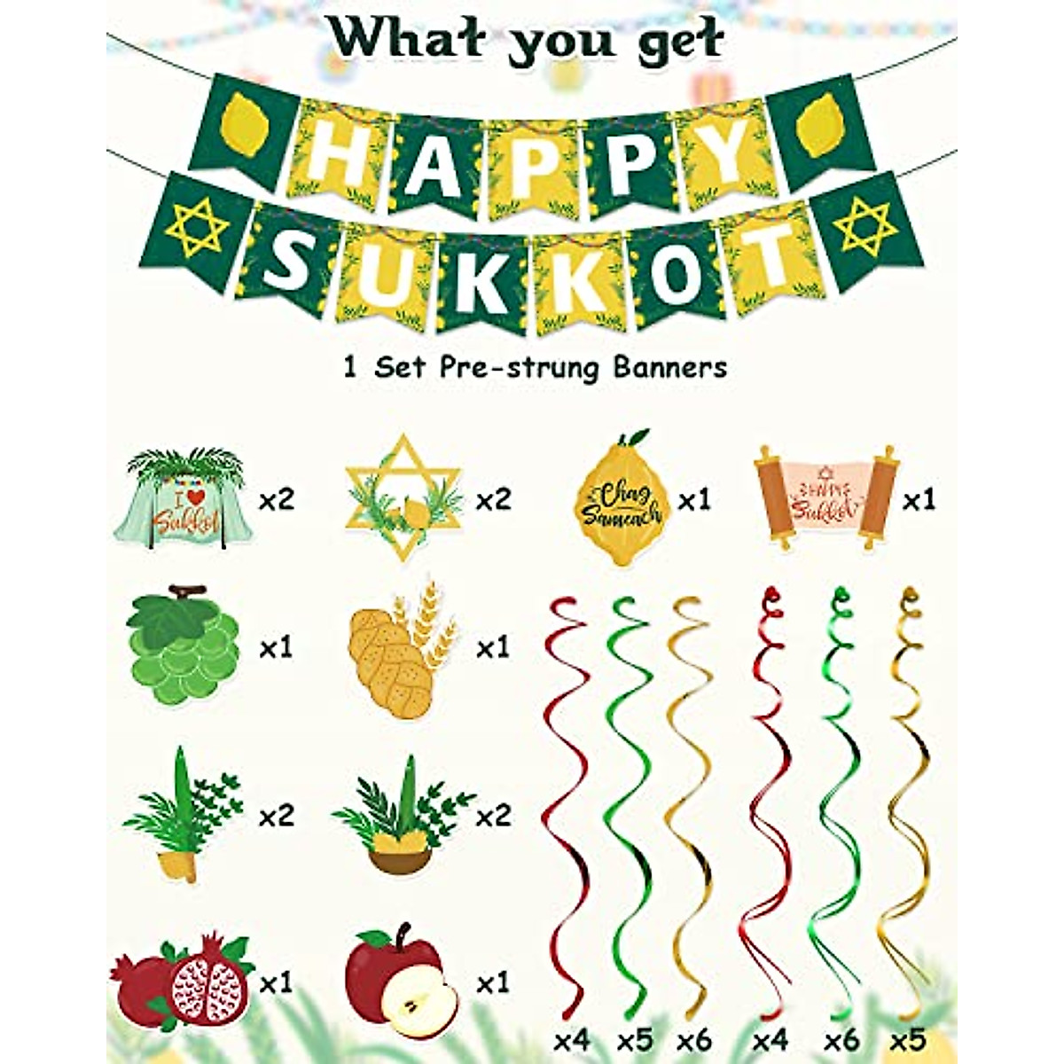 Mosailles Happy Sukkot Hanging Swirls Banner Decorations kit Etrog and Lulav outdoor pre-assembled Sukkah Decor Holiday Party Decor Supplies