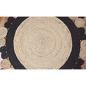 CASAVANI Collection Circle Area Rug - 10 Ft' Round Black Natural Jute Mat Geometric Kilim Rug Indoor Outdoor Use Mat Flatweave Rugs for Bedroom Bedside Round Dining Table Mat Hall & Kitchen