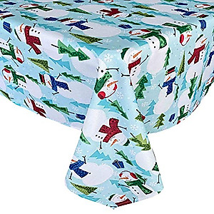 Newbridge Blue Snowman Fun Christmas Fabric Tablecloth, Cheerful Snowmen and Evergreen Tree Print Xmas Soil Resistant, No Iron Easy Care Tablecloth, 60 Inch x 102 Inch Oblong/Rectangle