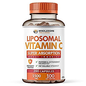 Liposomal Vitamin C Capsules (200 Pills 1500mg Buffered) High Absorption VIT C, Immune System & Collagen Booster, High Dose Fat Soluble Immunity Support Ascorbic Acid Supplement, Natural Vegan