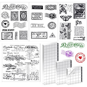 Yinder 7 Pcs Vintage Rubber Clear Stamps Set 4 Sheet Transparent Postage Silicone Stamps 3 Pcs Acrylic Stamp Block Tools with Grid Lines Rubber Craft Supplies for DIY Scrapbooking Journaling
