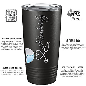 Personalized Heart Stethoscope Nurse, RN, LPN, CNA, CMA, MA Laser Engraved on Black 20 oz Stainless Steel Tumbler with Lid - Insulated Cup - Travel Mug