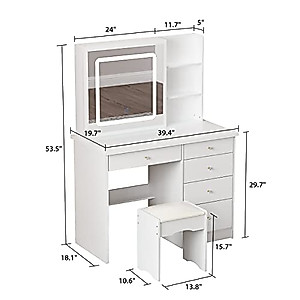 AIEGLE Large Vanity Desk Set with Sliding Lighted Mirror, Makeup Dressing Table with Hidden Shelves & Cushioned Stool, White - Sliding Lighted Mirror