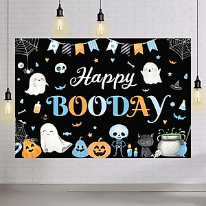 MEHOFOND 7x5ft Halloween Birthday Party Backdrop Black Happy Booday Photography Background Cute Ghost Pumpkin Skull for Girls Boys Birthday Party Decorations Cake Table Banner Photo Studio Supplies