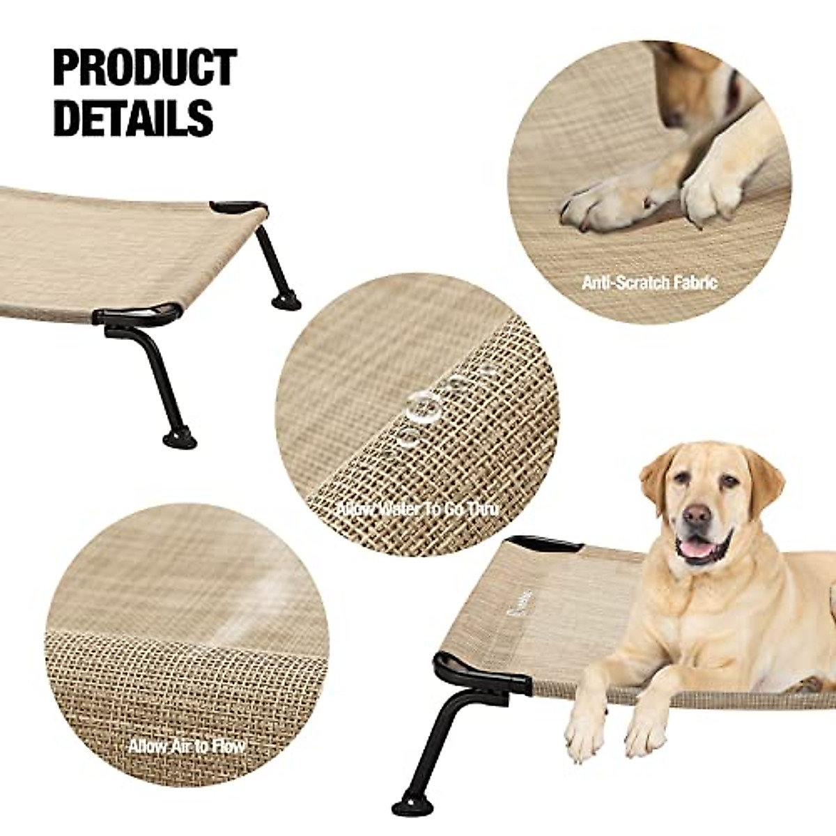 Veehoo Curved Cooling Elevated Dog Bed, Black Frame Outdoor Raised Dog Cot, Chew Proof Pet Bed with Washable & Breathable Textilene Mesh, Non-Slip feet for Indoor & Outdoor, X Large, Beige Coffee