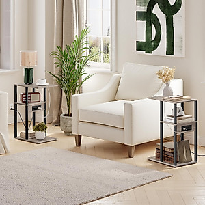 HOOBRO C Shaped End Table with Charging Station, Small Side Table with 2 USB Ports and Outlets, TV Tray Table, Couch Table for Small Spaces, Living Room, Bedroom, Greige and Black BG62USF01