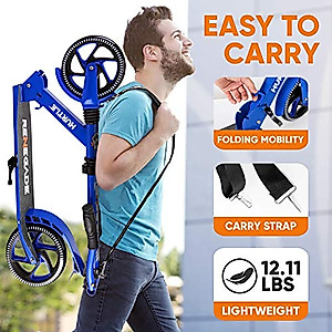 Hurtle Lightweight and Foldable Kick Scooter - Adjustable Scooter for Teens and Adult, Alloy Deck with High Impact Wheels (Blue)